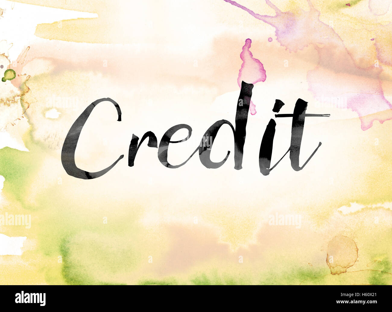 The word "Credit" painted in black ink over a colorful watercolor ...