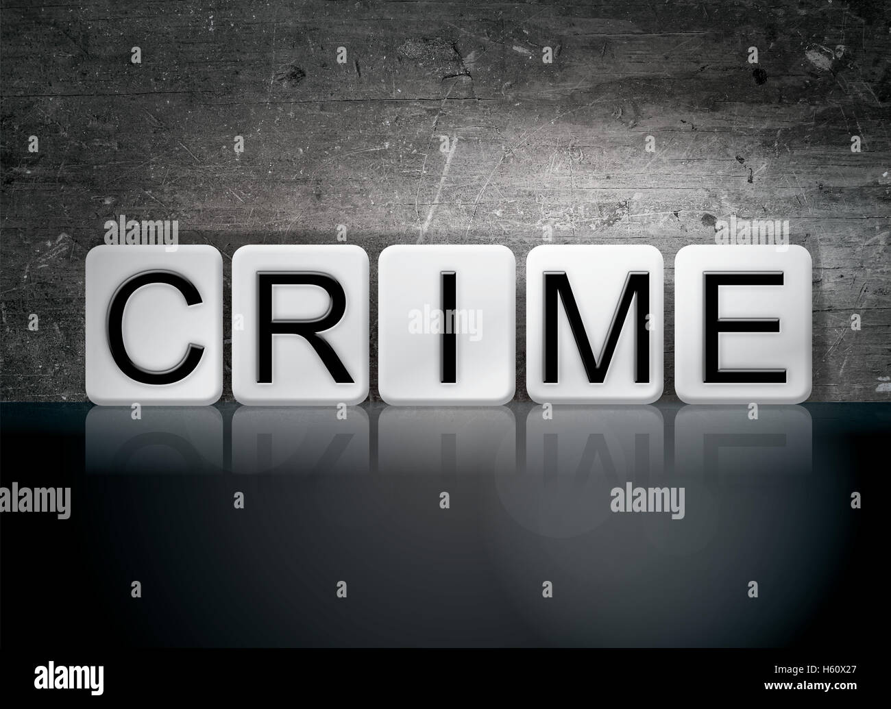 The word "Crime" written in white tiles against a dark vintage grunge ...