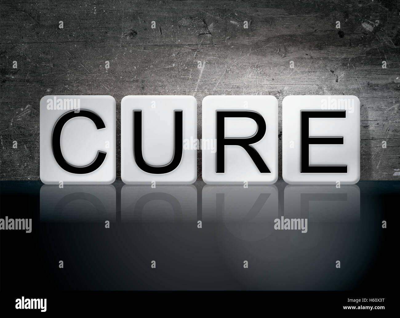 The word "Cure" written in white tiles against a dark vintage grunge ...
