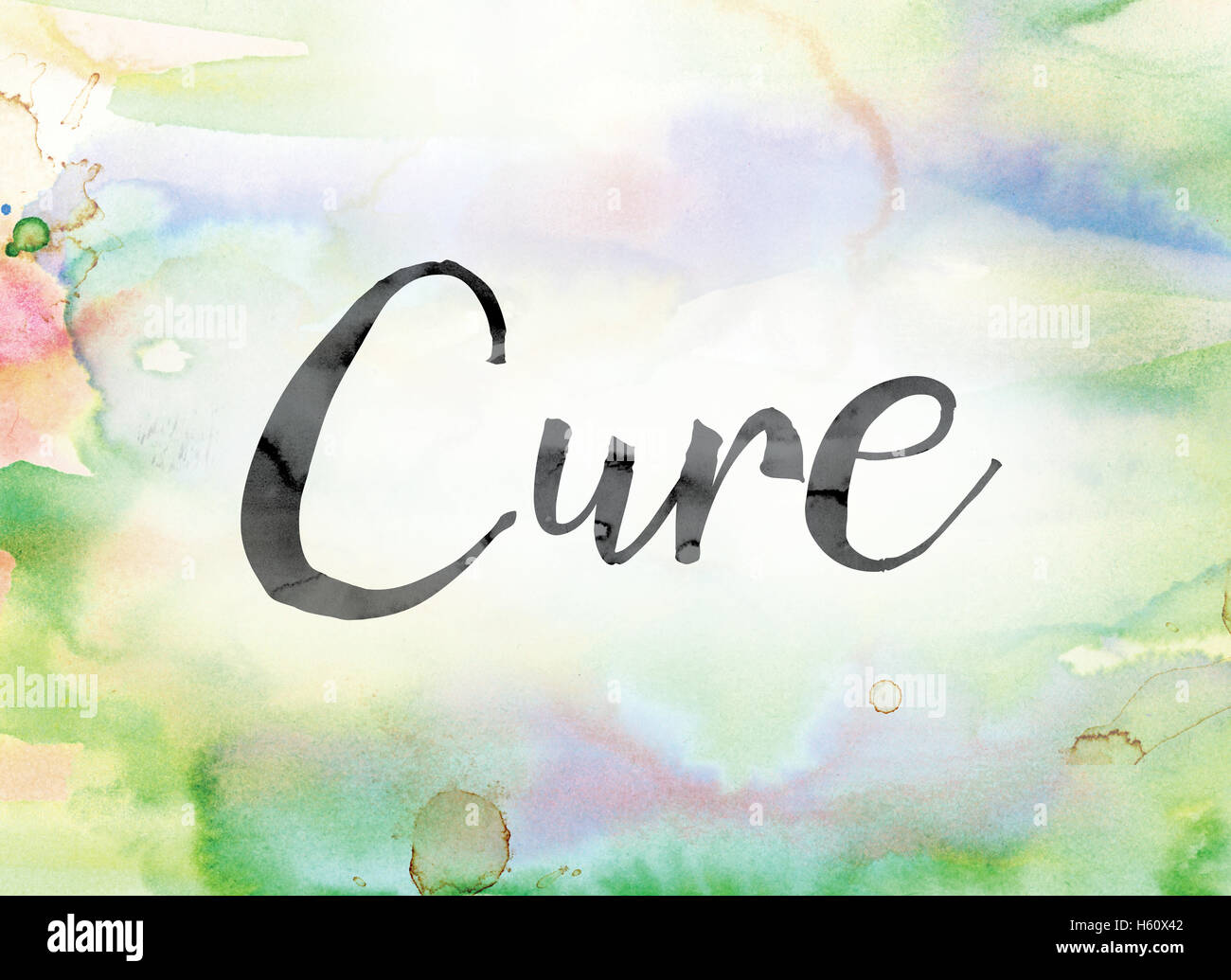The word "Cure" painted in black ink over a colorful watercolor washed ...