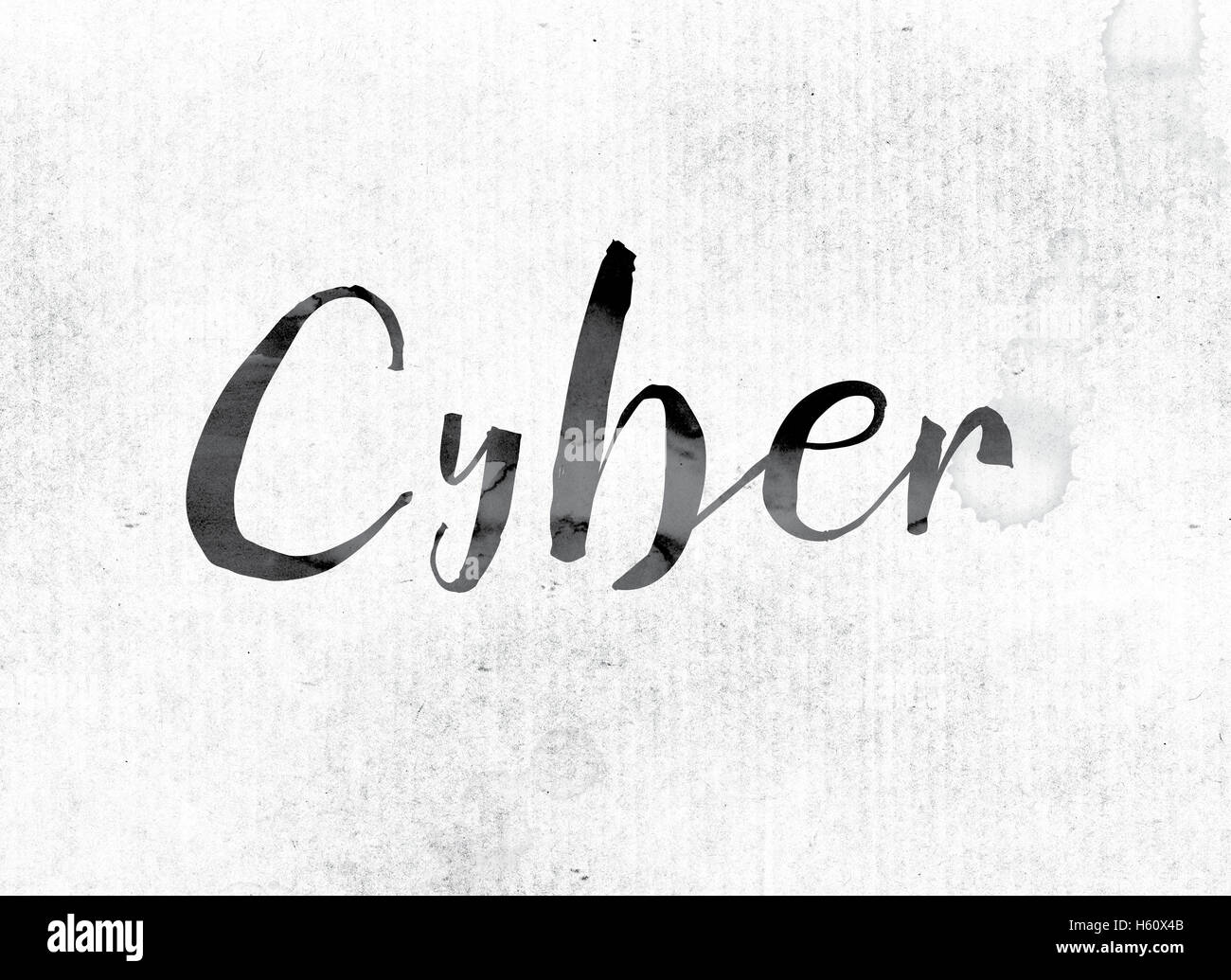 The word "Cyber" concept and theme painted in watercolor ink on a white ...