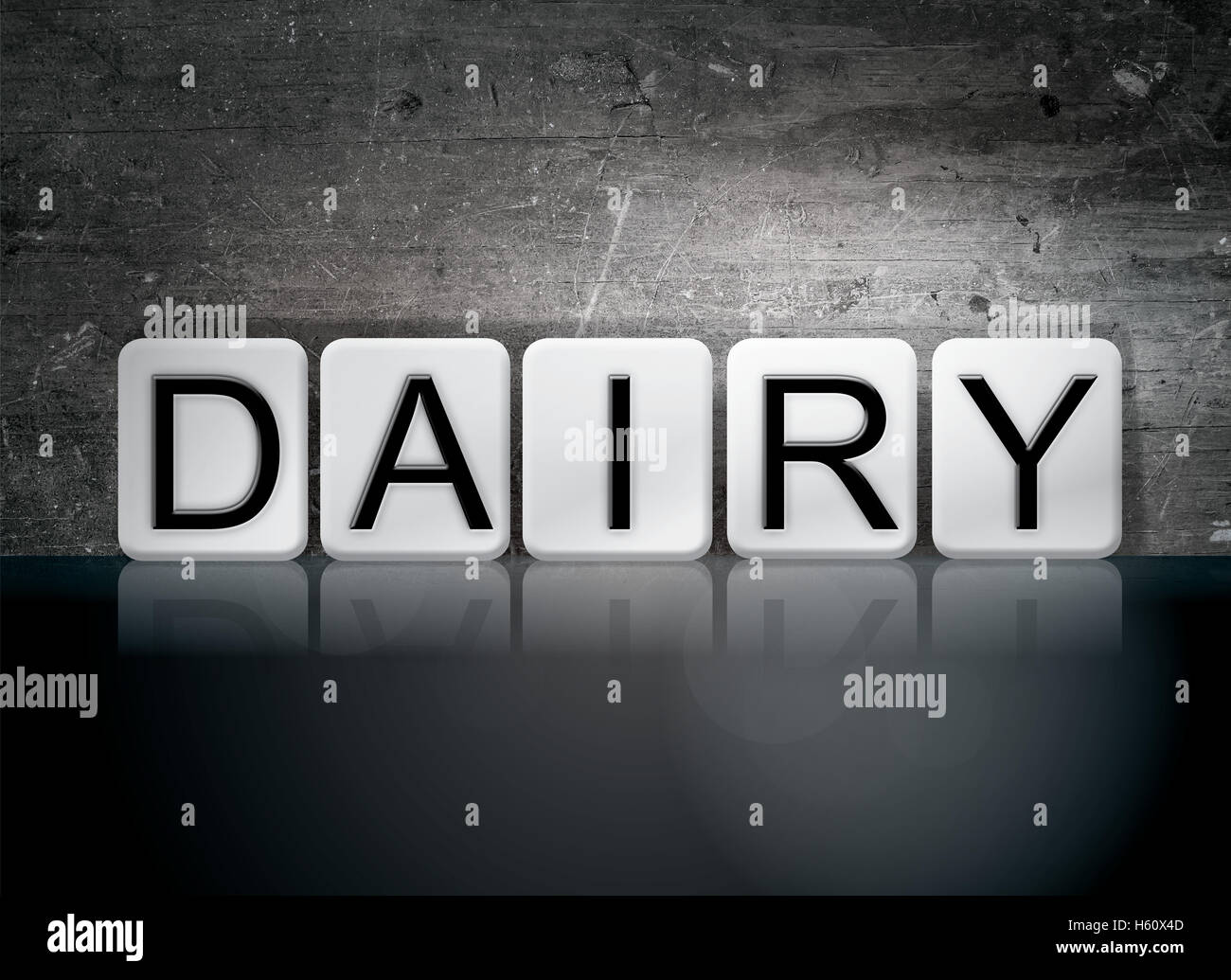 The word "Dairy" written in white tiles against a dark vintage grunge ...