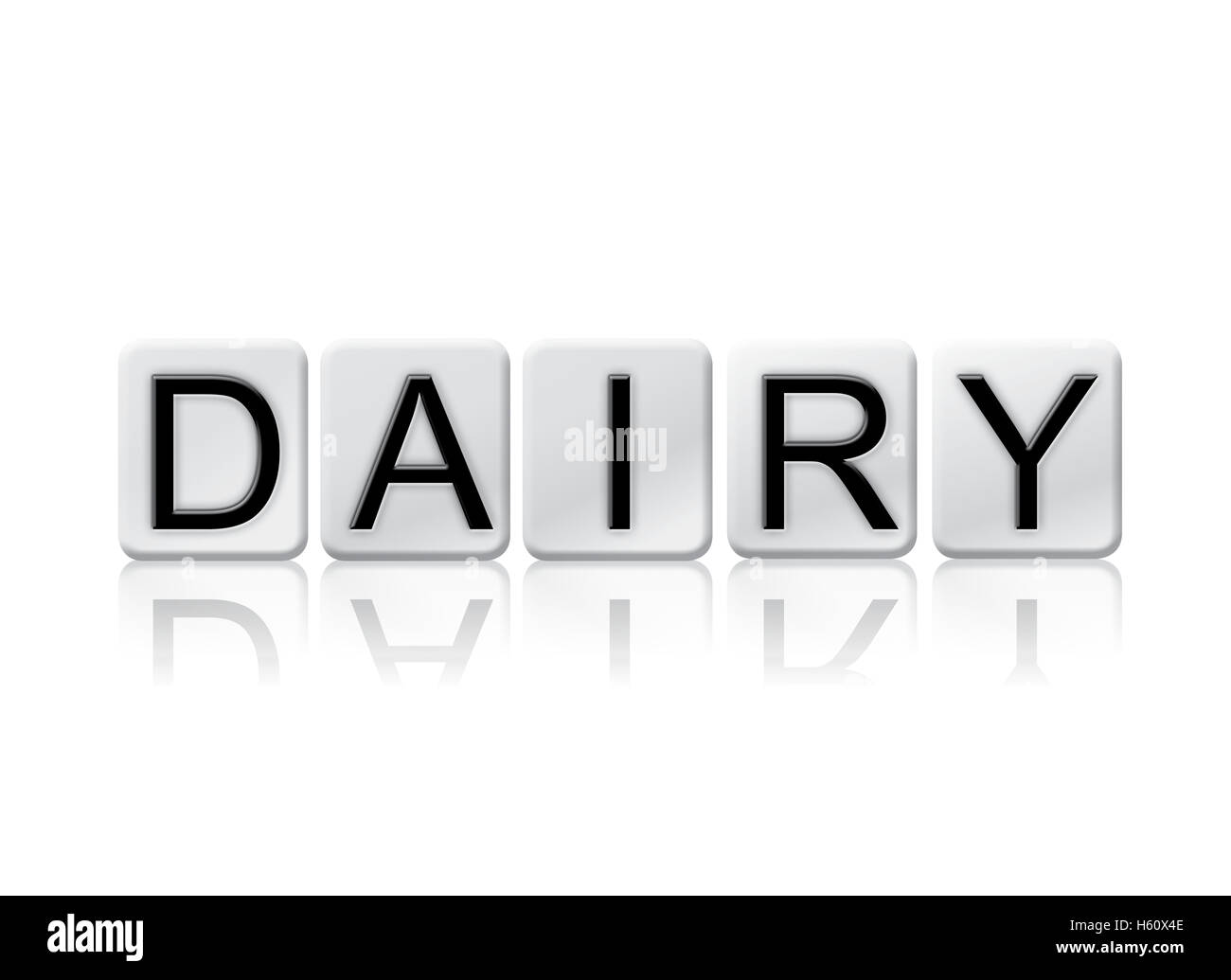 The word "Dairy" written in tile letters isolated on a white background ...