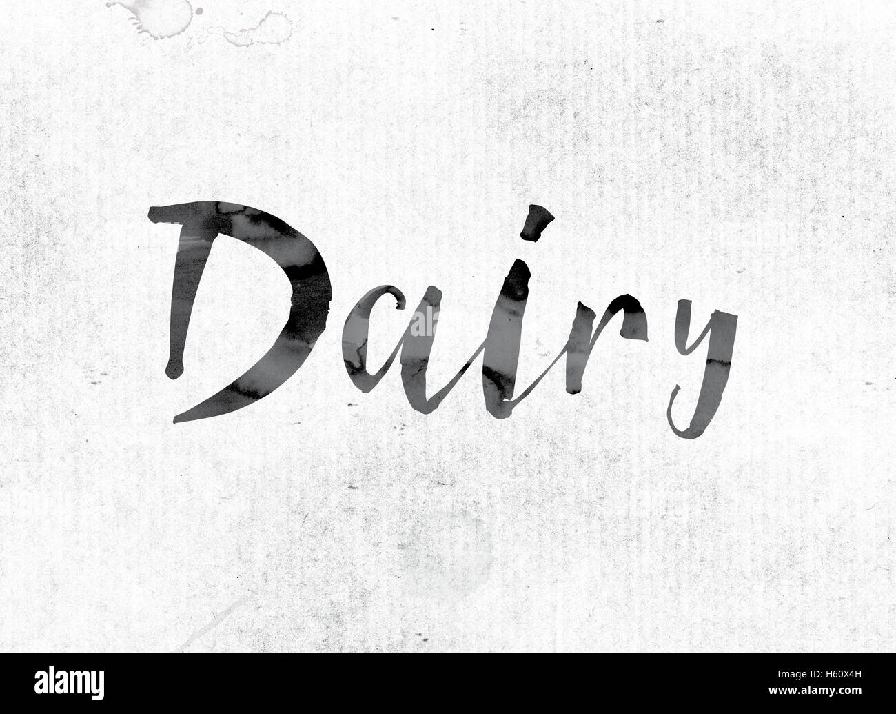 The word "Dairy" concept and theme painted in watercolor ink on a white ...
