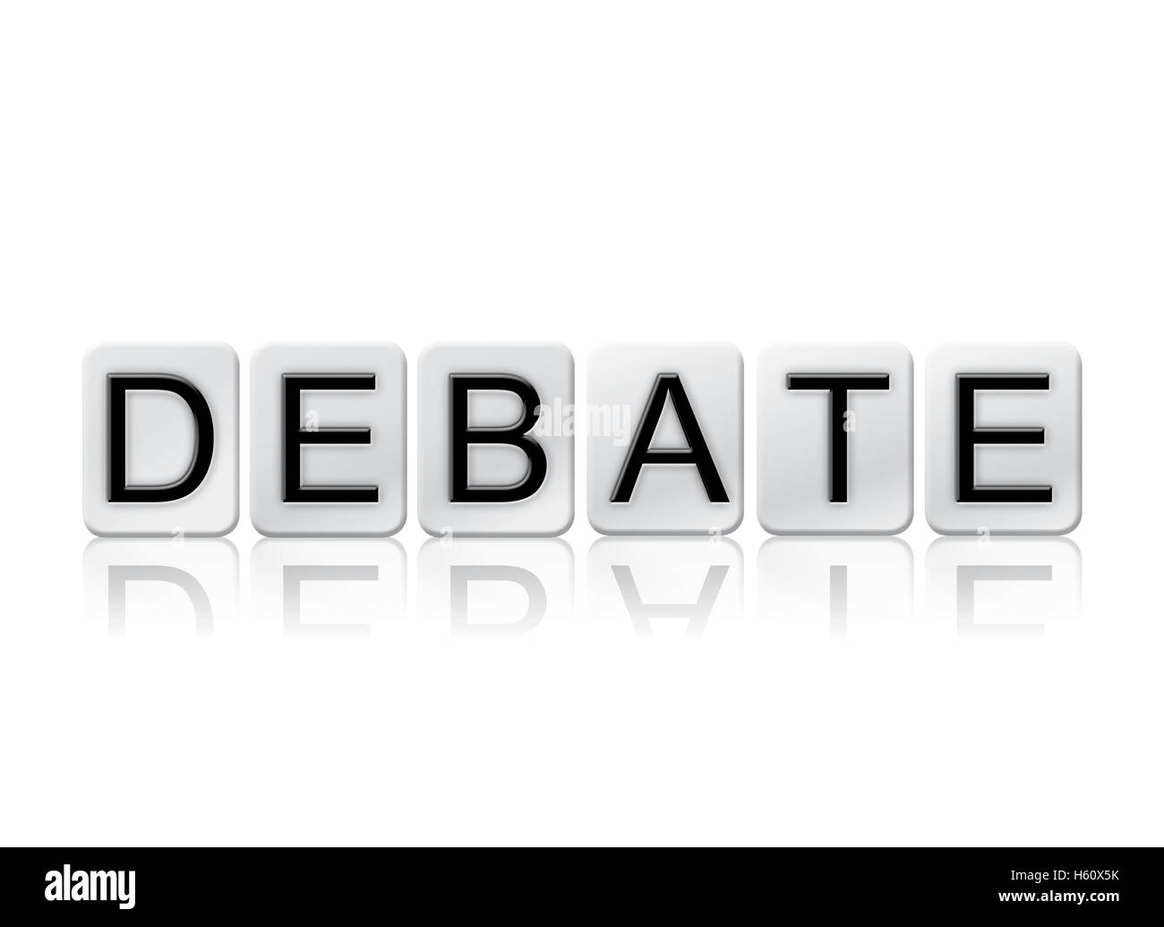 The word "Debate" written in tile letters isolated on a white ...