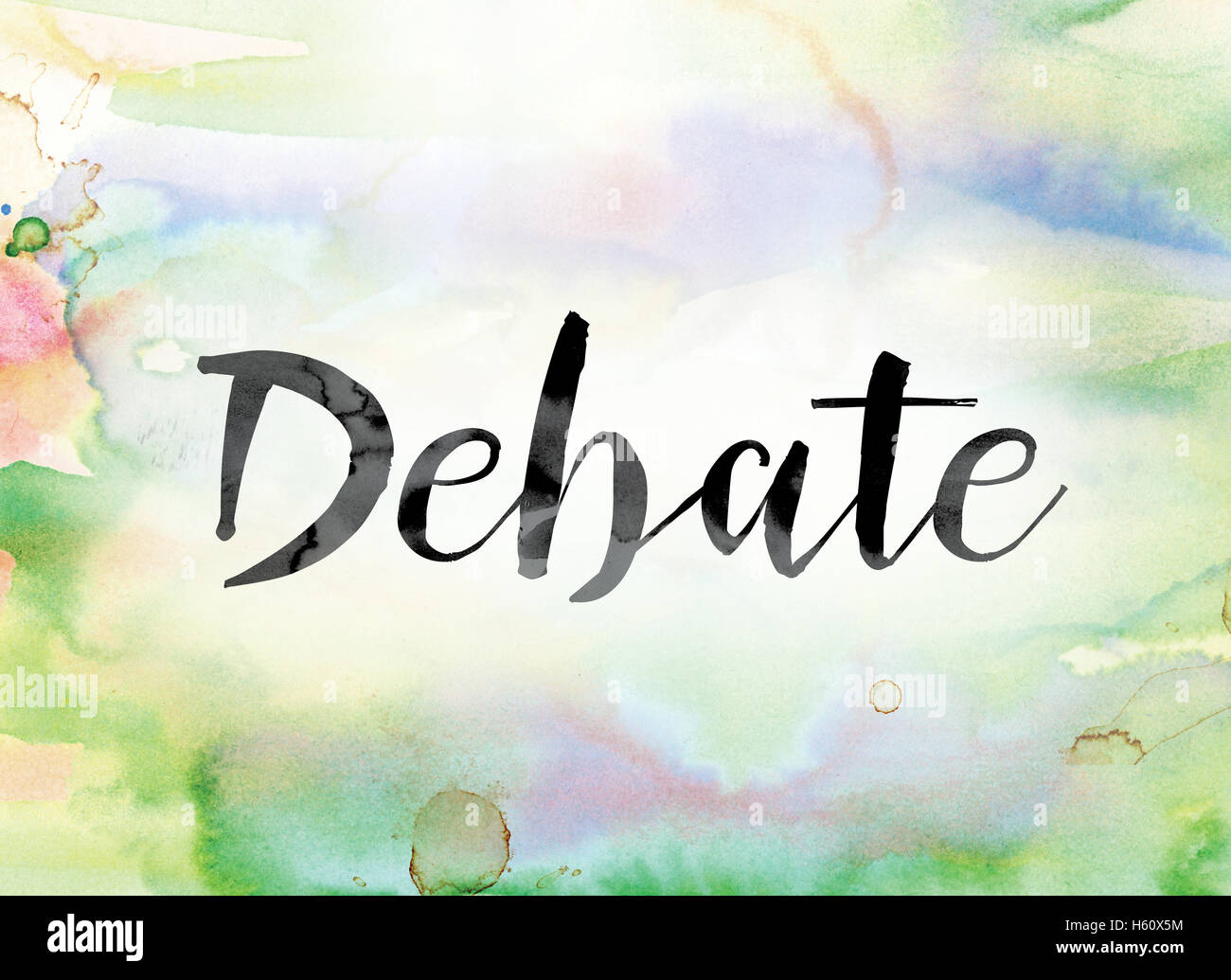 The word "Debate" painted in black ink over a colorful watercolor ...