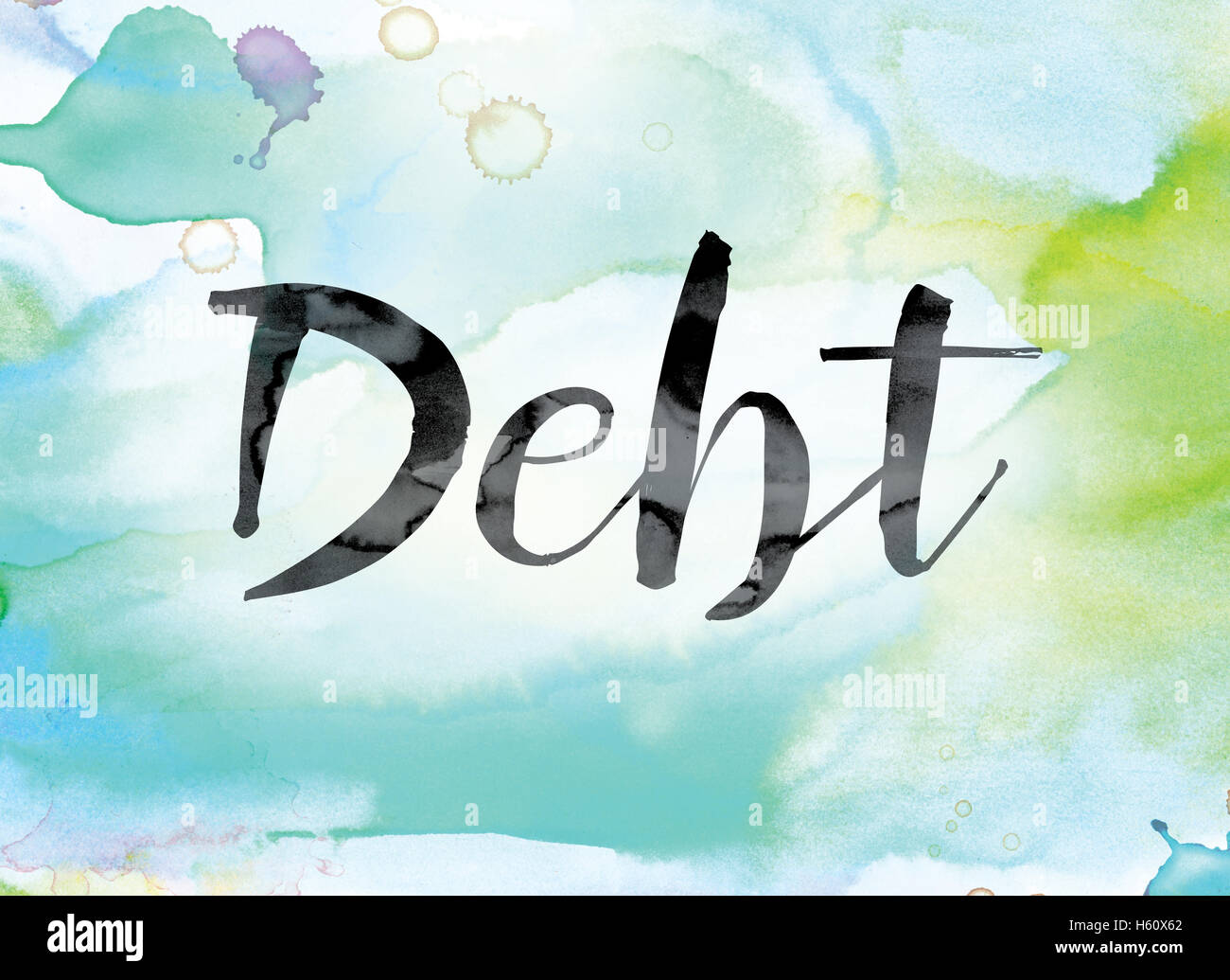 The word "Debt" painted in black ink over a colorful watercolor washed ...
