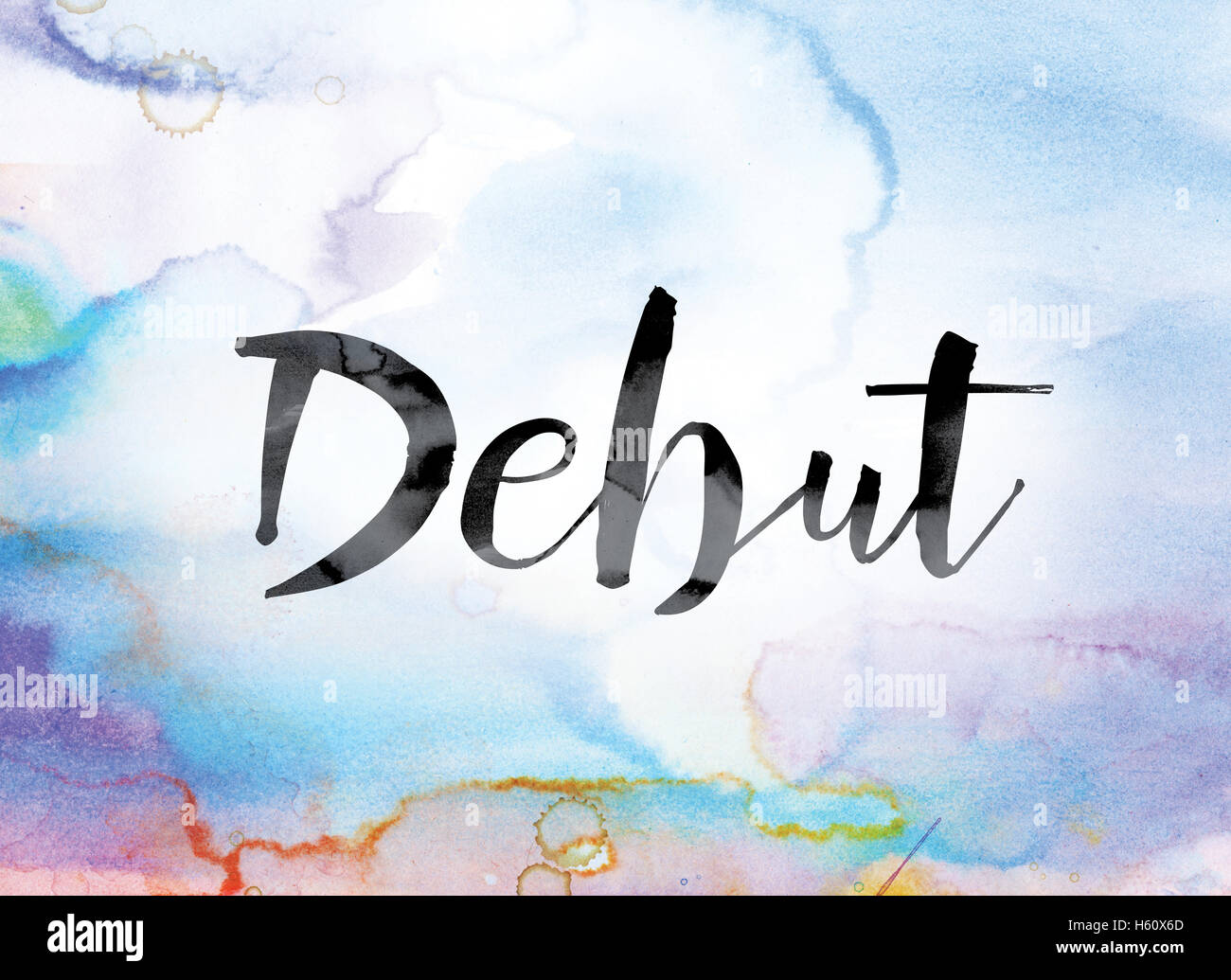 The word "Debut" painted in black ink over a colorful watercolor washed ...