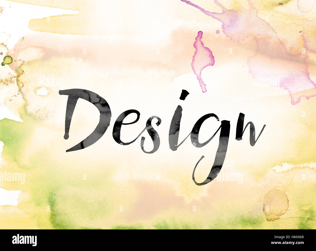 The word "Design" painted in black ink over a colorful watercolor ...