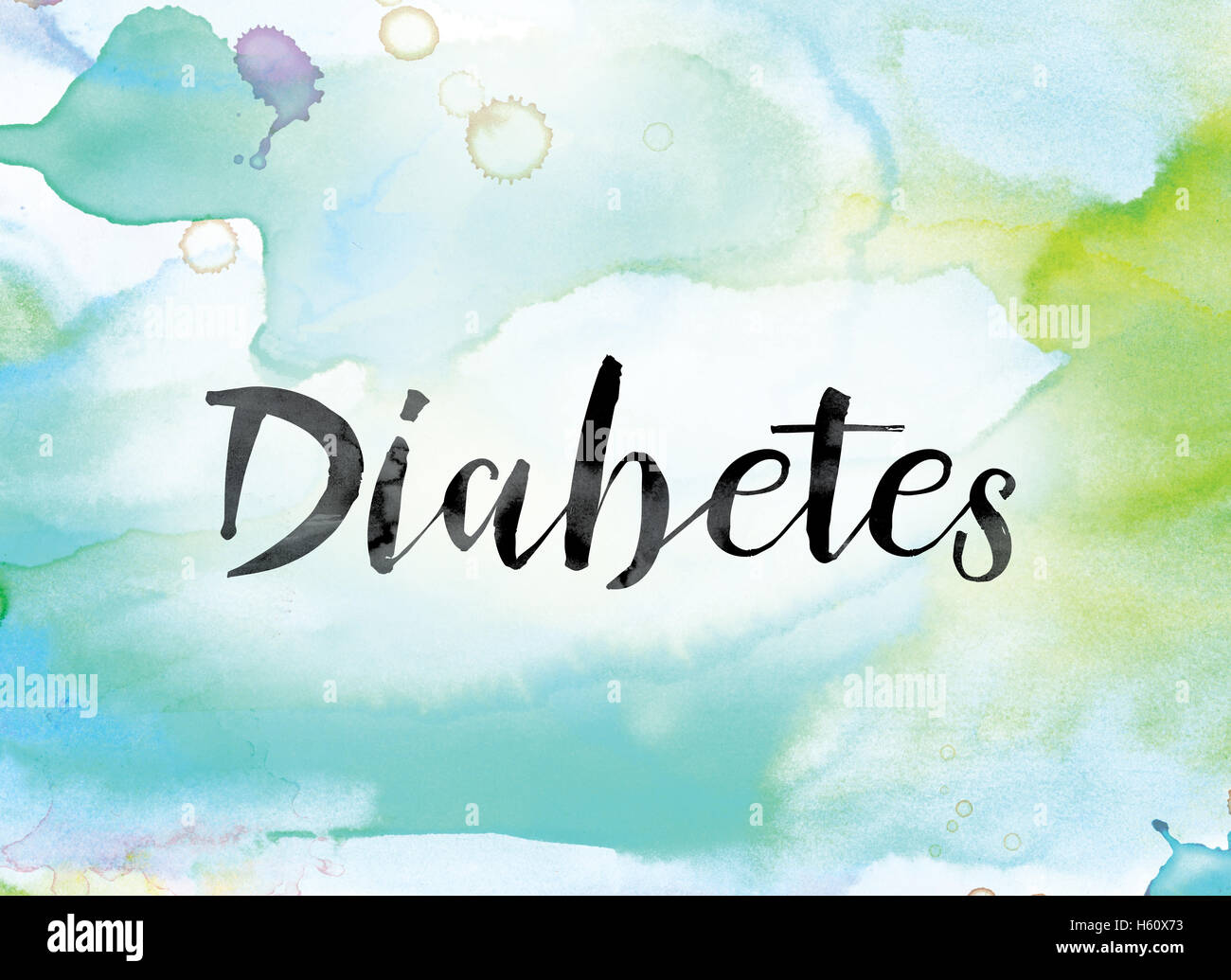 The word "Diabetes" painted in black ink over a colorful watercolor ...