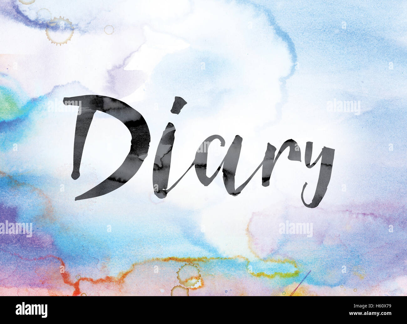 The word "Diary" painted in black ink over a colorful watercolor washed ...