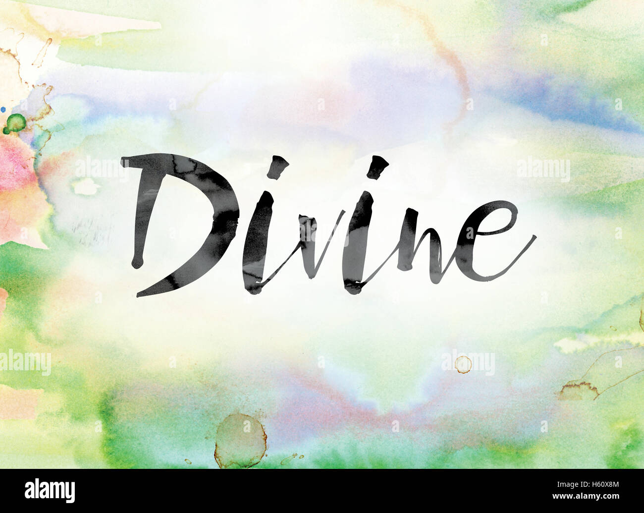 The word "Divine" painted in black ink over a colorful watercolor ...