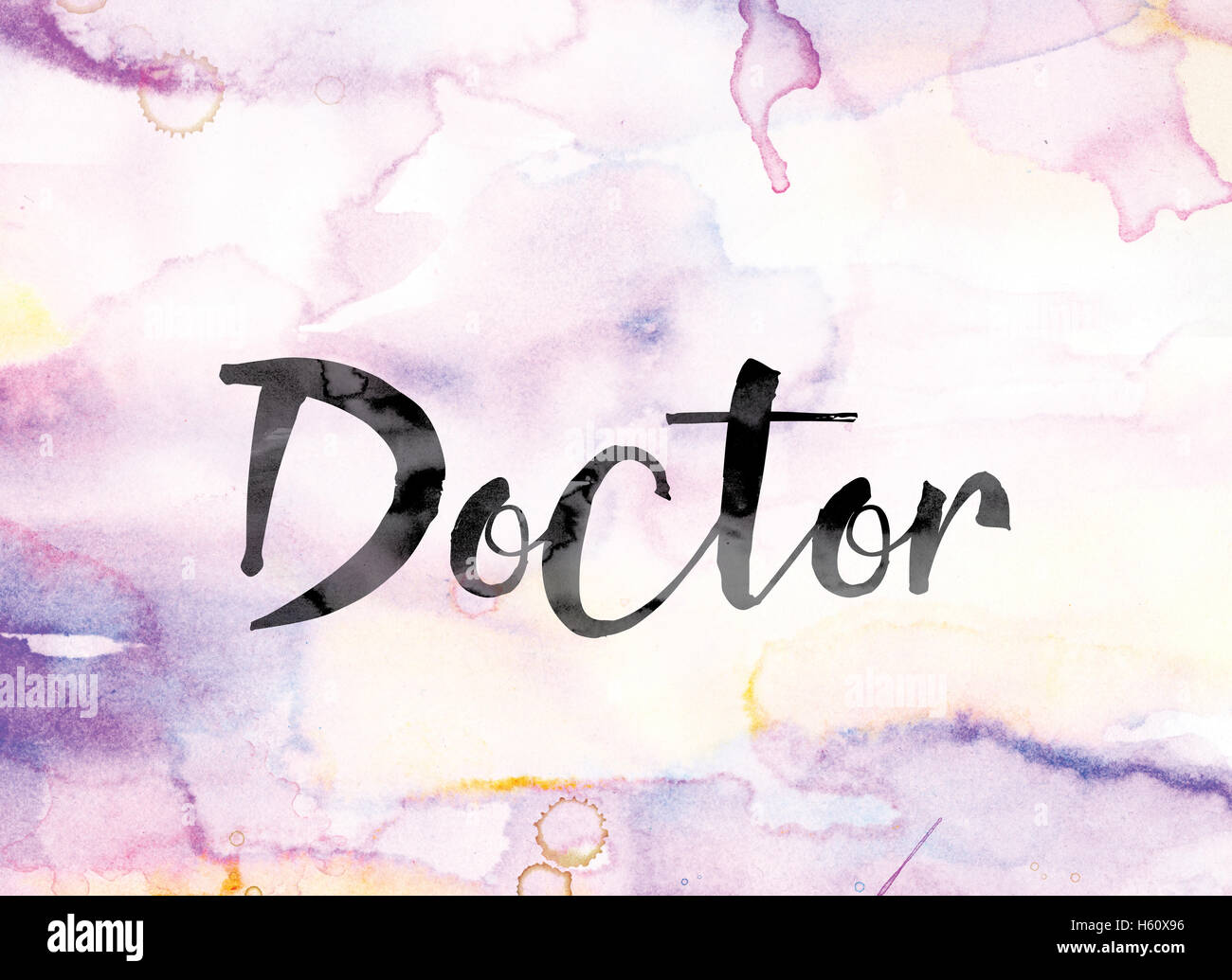 The word "Doctor" painted in black ink over a colorful watercolor ...