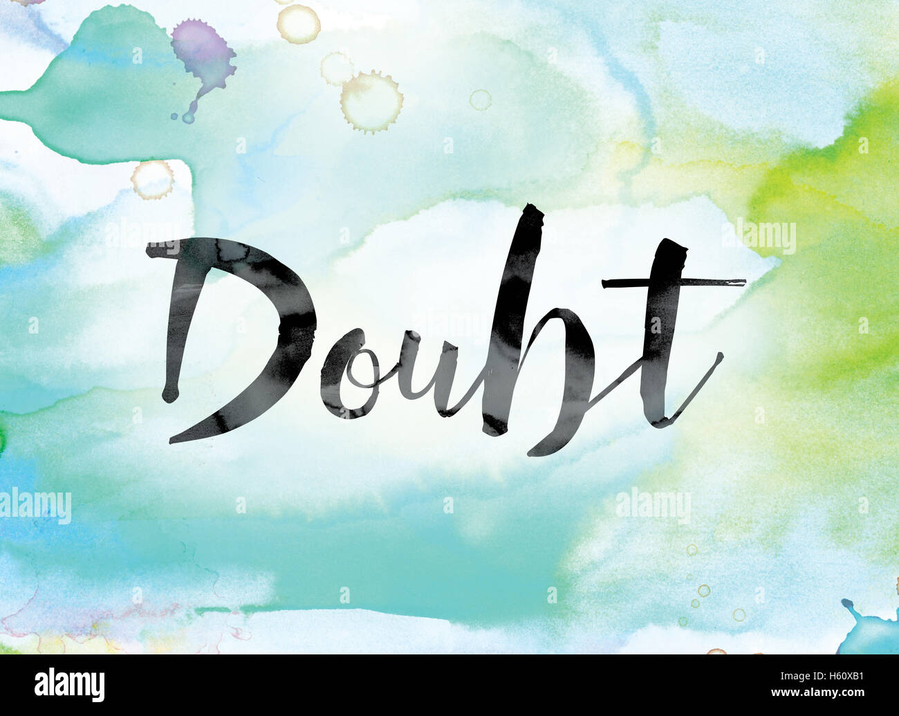 The word "Doubt" painted in black ink over a colorful watercolor washed ...