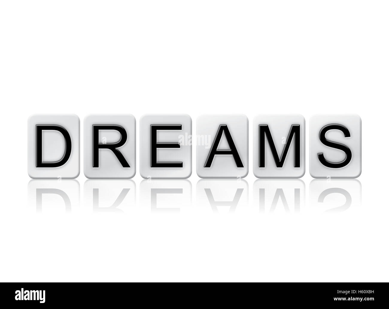 The word "Dreams" written in tile letters isolated on a white ...