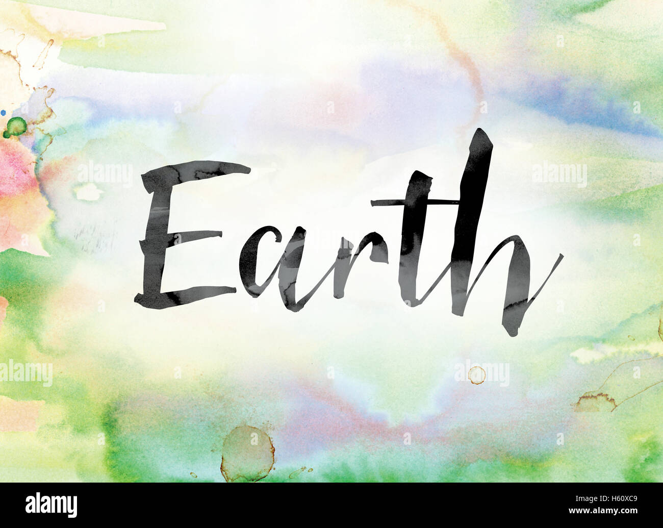 The word "Earth" painted in black ink over a colorful watercolor washed ...