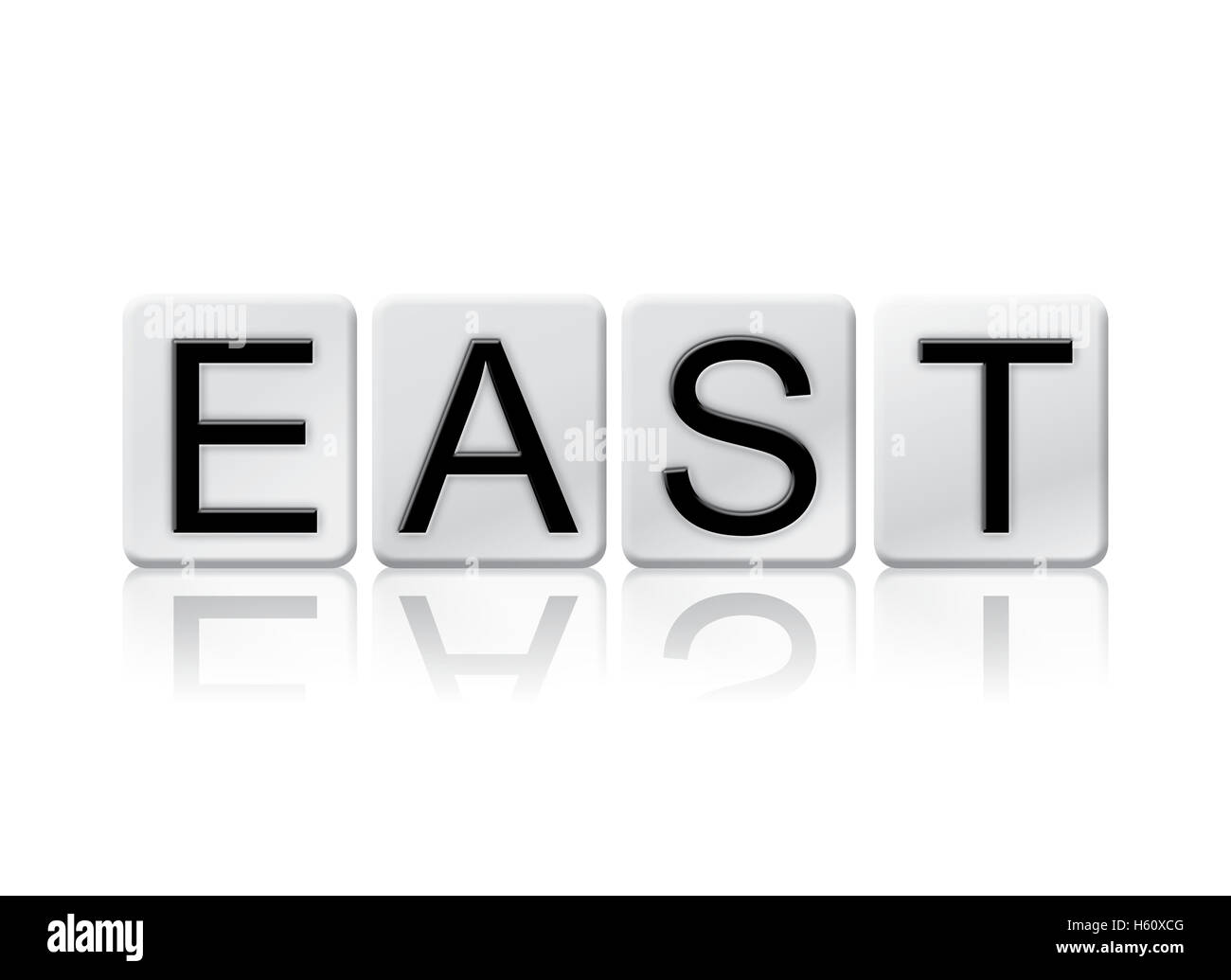 The word "East" written in tile letters isolated on a white background ...