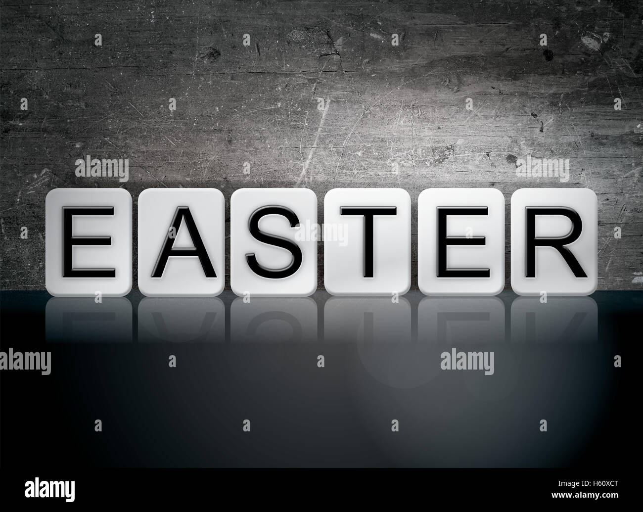 The word "Easter" written in white tiles against a dark vintage grunge ...