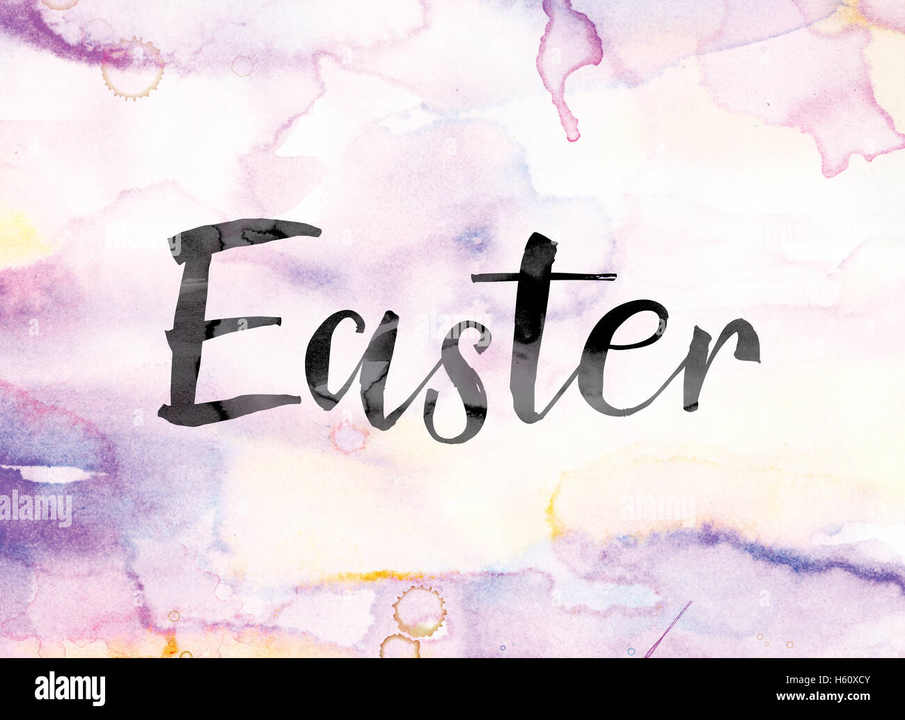The word "Easter" painted in black ink over a colorful watercolor ...