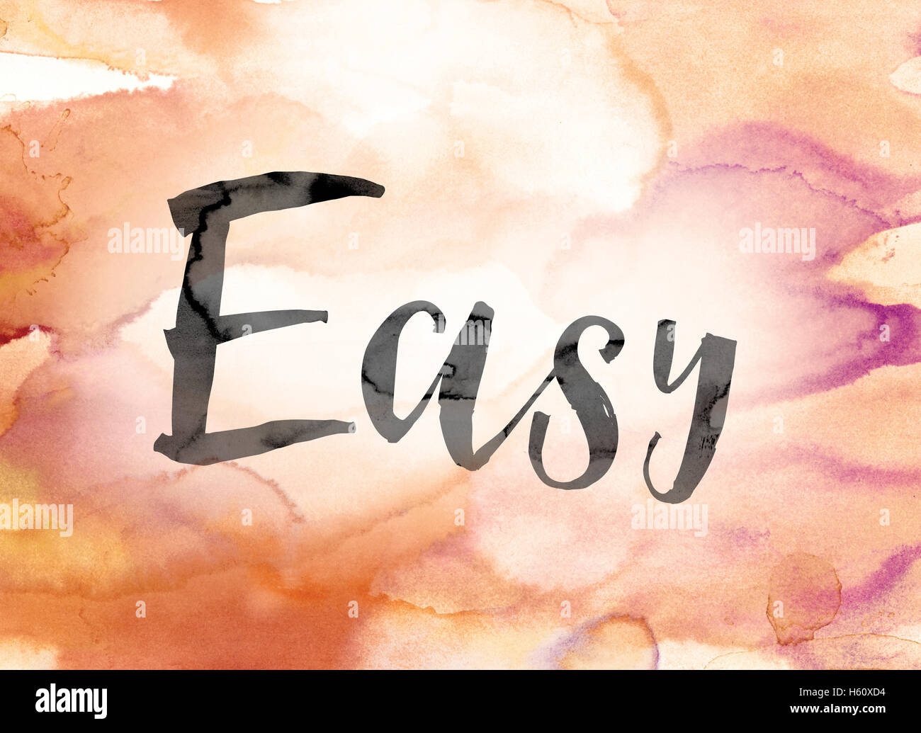 The word "Easy" painted in black ink over a colorful watercolor washed ...