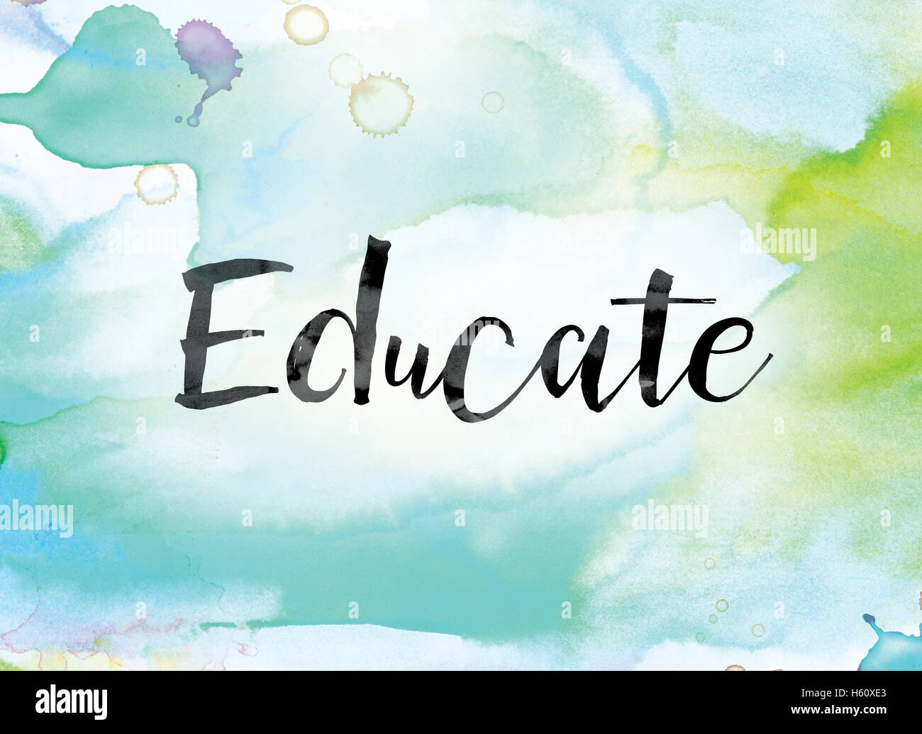 The word "Educate" painted in black ink over a colorful watercolor ...