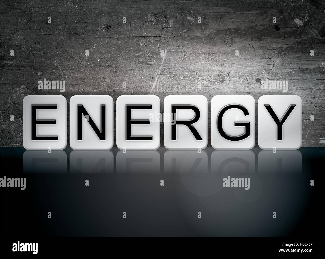 The word "Energy" written in white tiles against a dark vintage grunge ...