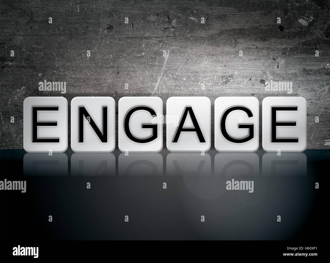 The word "Engage" written in white tiles against a dark vintage grunge ...