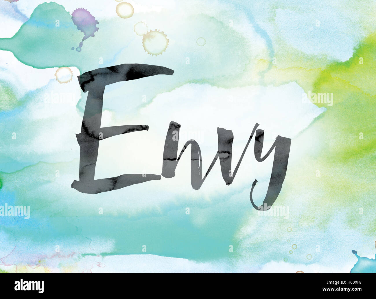 The word "Envy" painted in black ink over a colorful watercolor washed ...