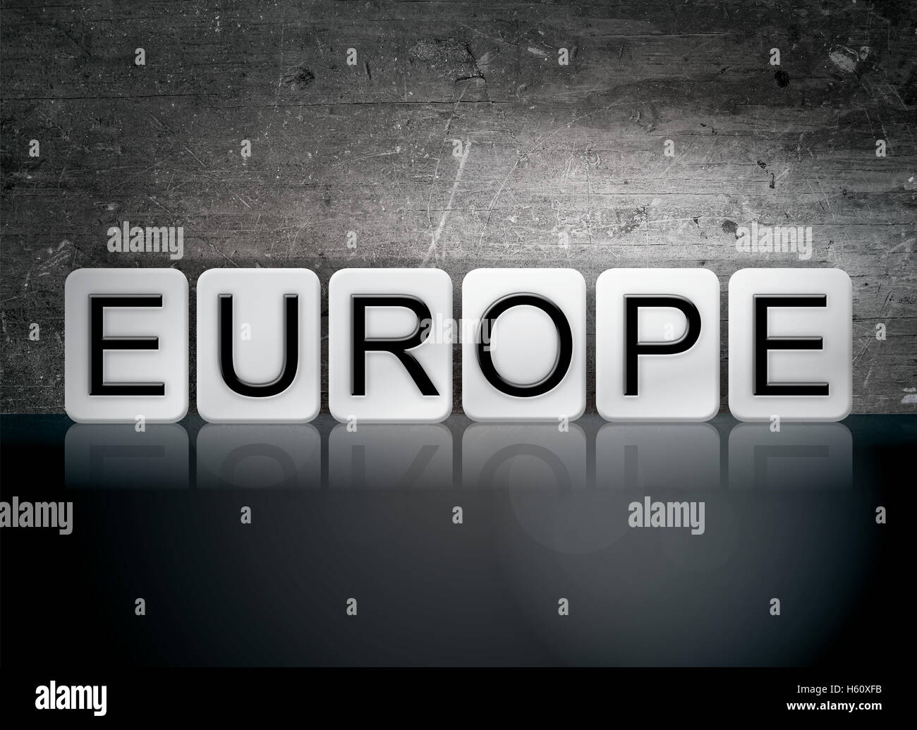 The word "Europe" written in white tiles against a dark vintage grunge ...