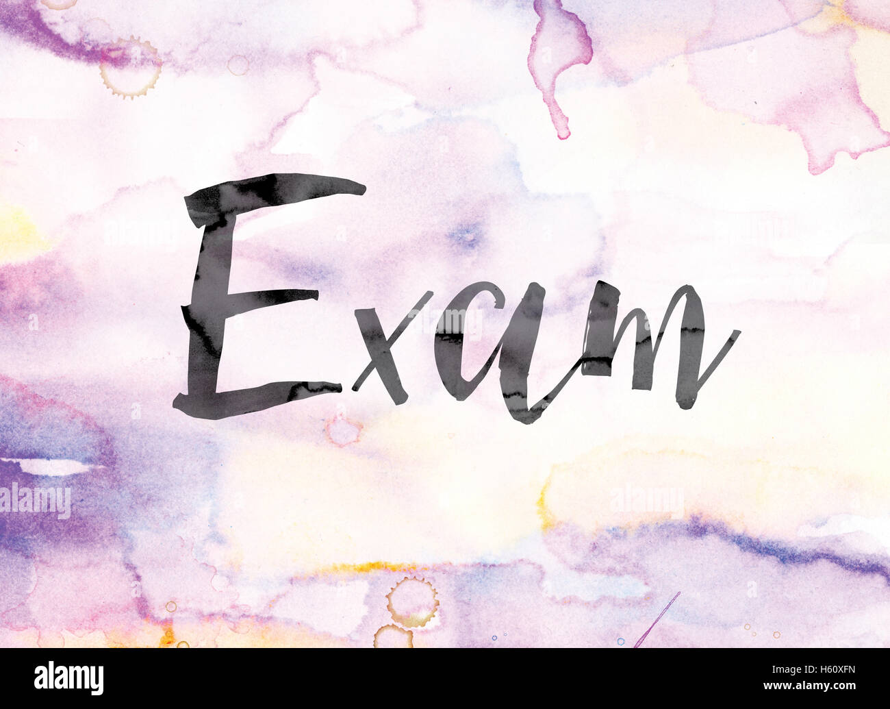 The word "Exam" painted in black ink over a colorful watercolor washed ...