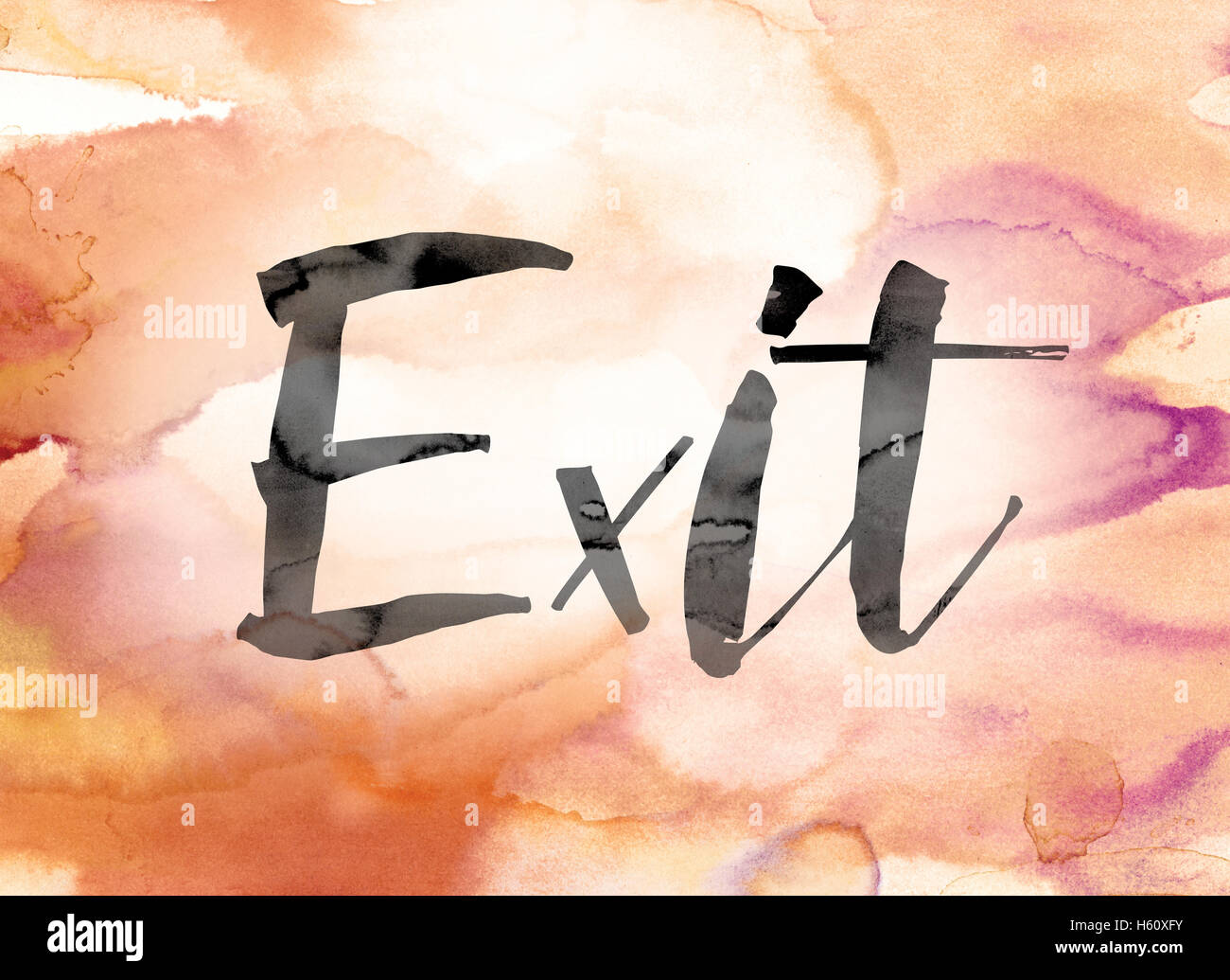 The word "Exit" painted in black ink over a colorful watercolor washed ...