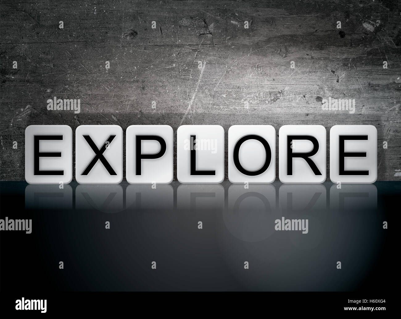 The word "Explore" written in white tiles against a dark vintage grunge ...
