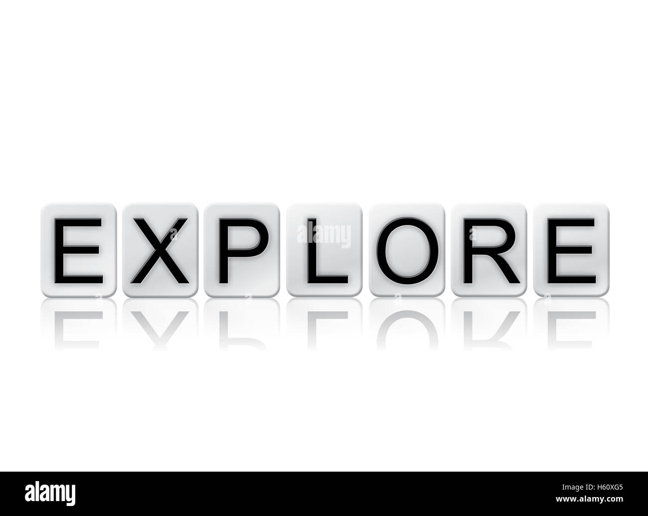 The word "Explore" written in tile letters isolated on a white ...