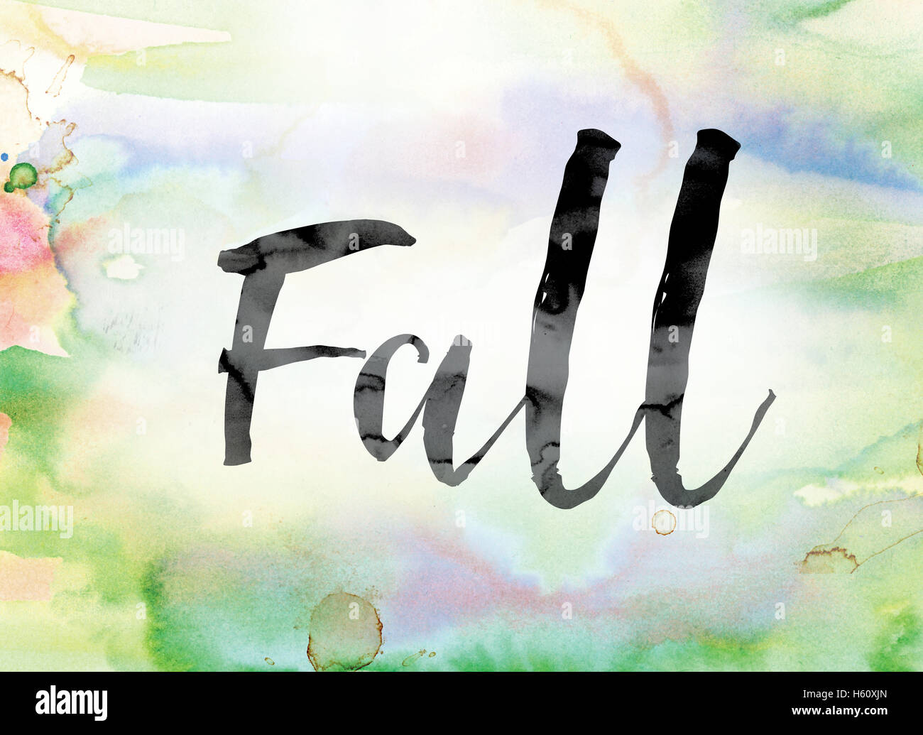 The word "Fall" painted in black ink over a colorful watercolor washed ...