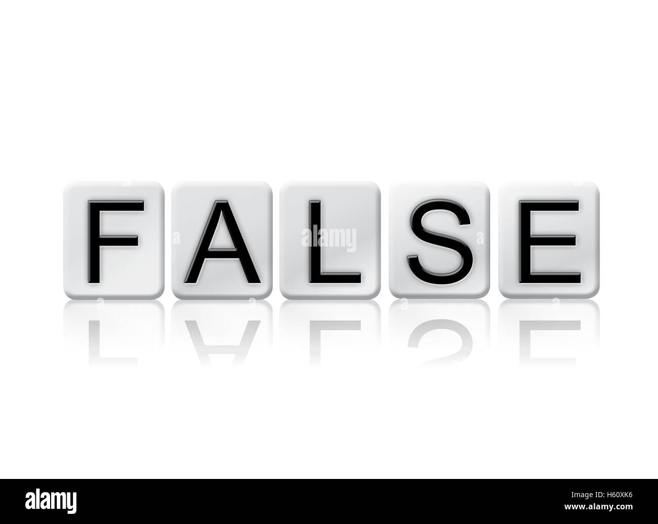 The word "False" written in tile letters isolated on a white background ...