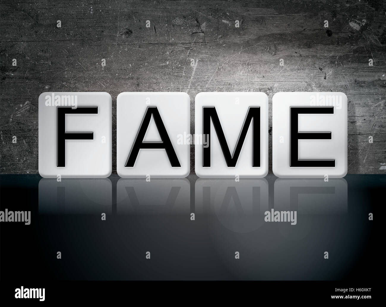 The word "Fame" written in white tiles against a dark vintage grunge ...
