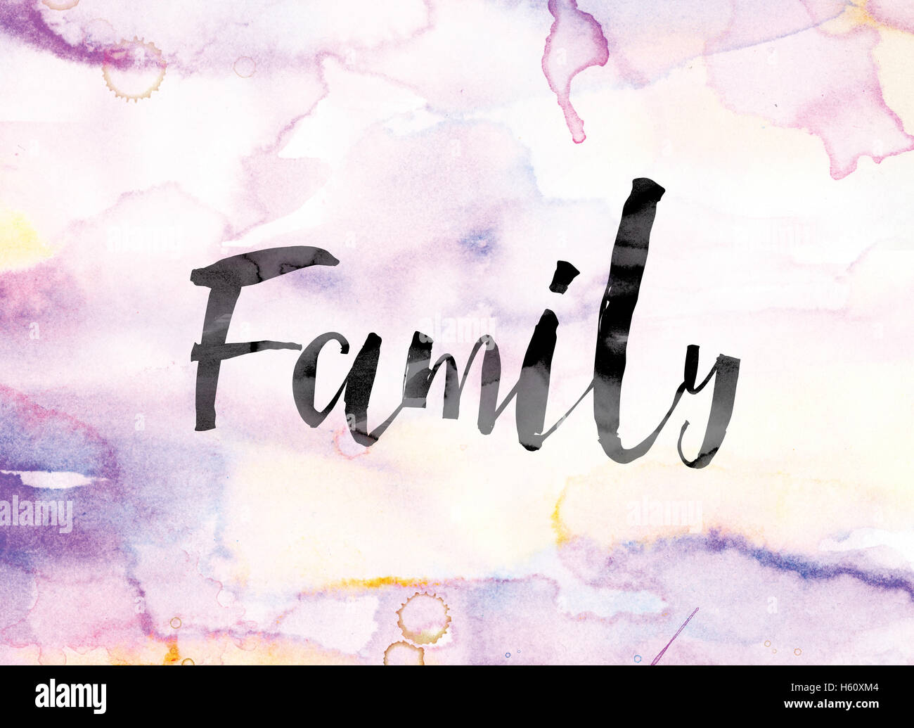 The word "Family" painted in black ink over a colorful watercolor ...