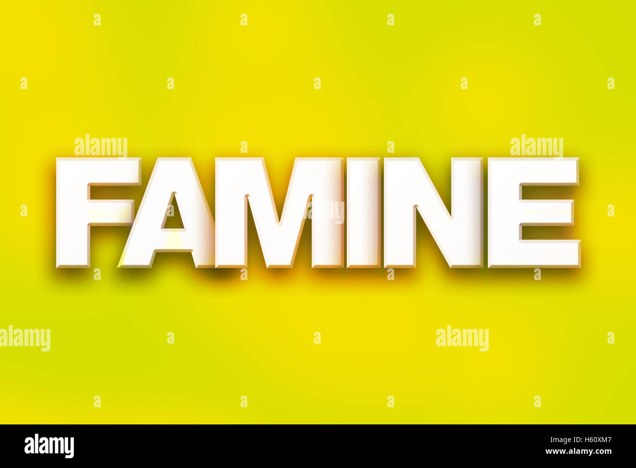 The word "Famine" written in white 3D letters on a colorful background ...