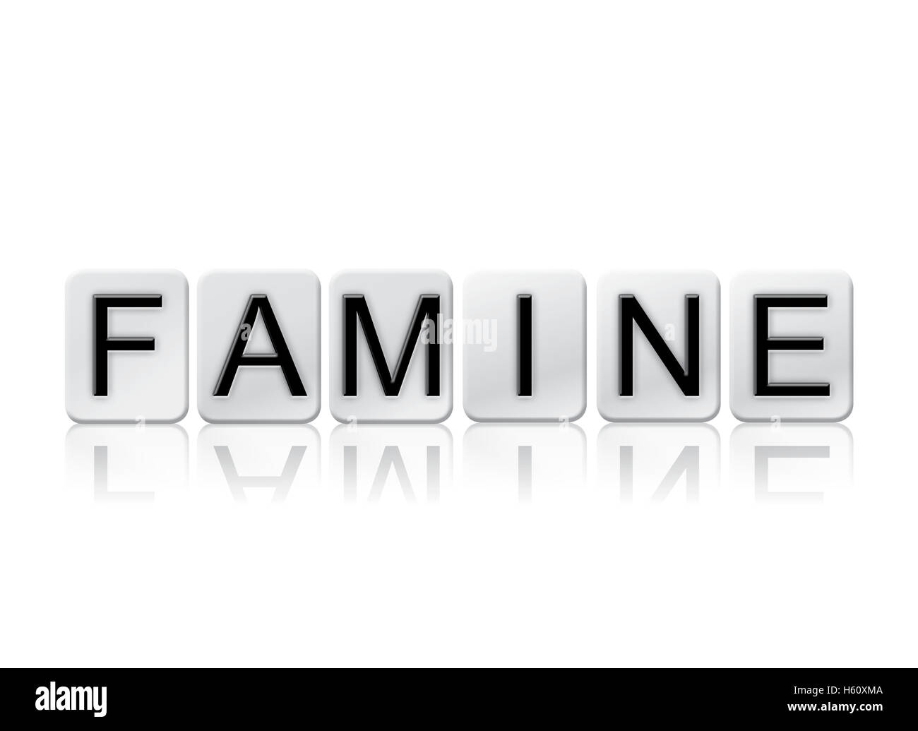 The word "Famine" written in tile letters isolated on a white ...