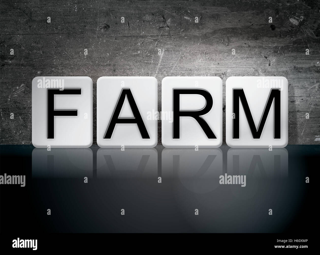 The word "Farm" written in white tiles against a dark vintage grunge ...