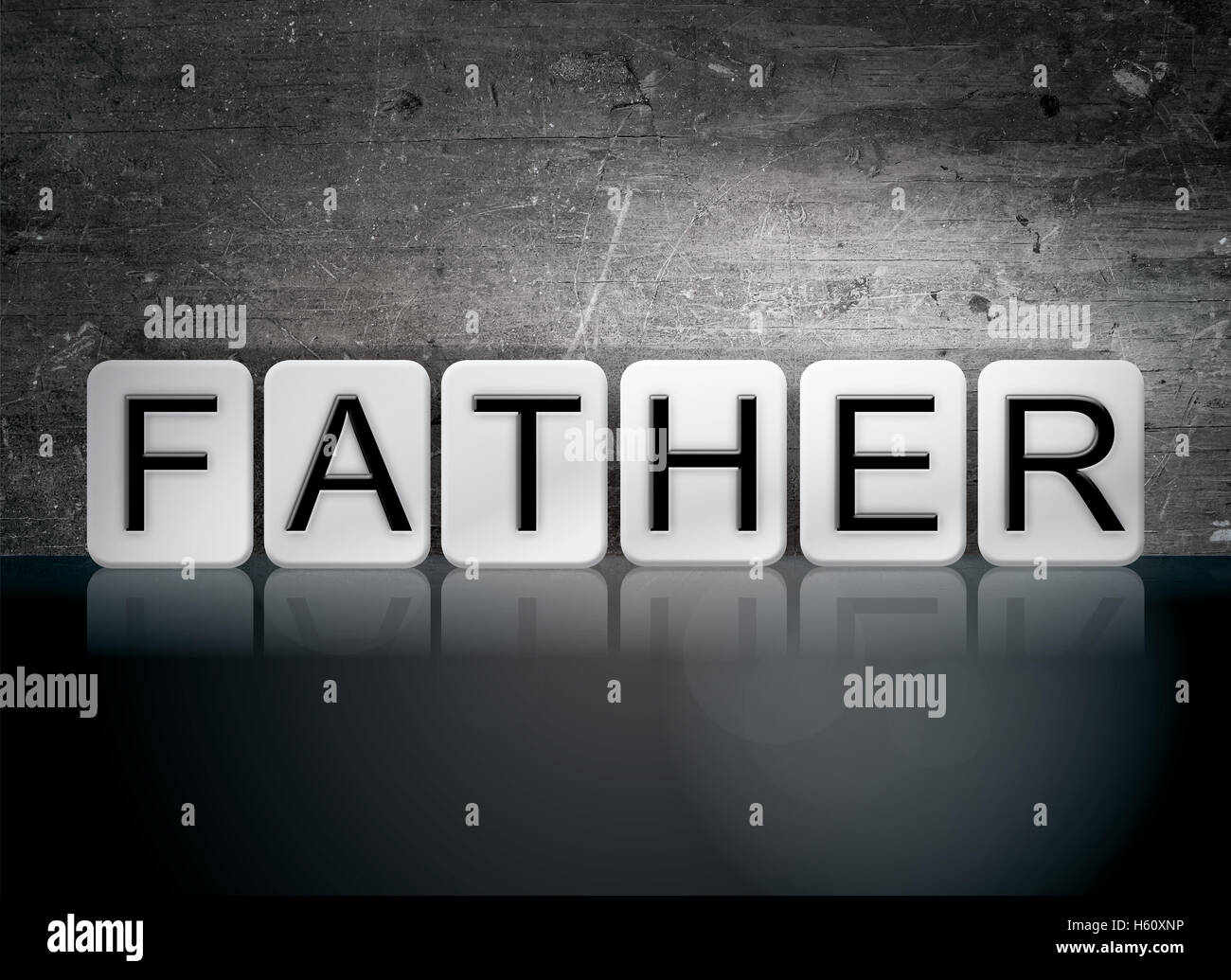 The word "Father" written in white tiles against a dark vintage grunge ...