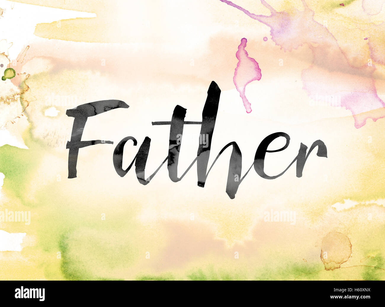 The word "Father" painted in black ink over a colorful watercolor ...