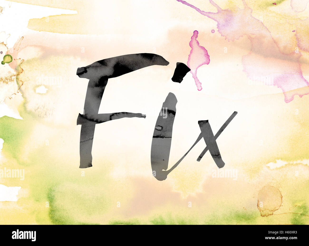 The word "Fix" painted in black ink over a colorful watercolor washed ...