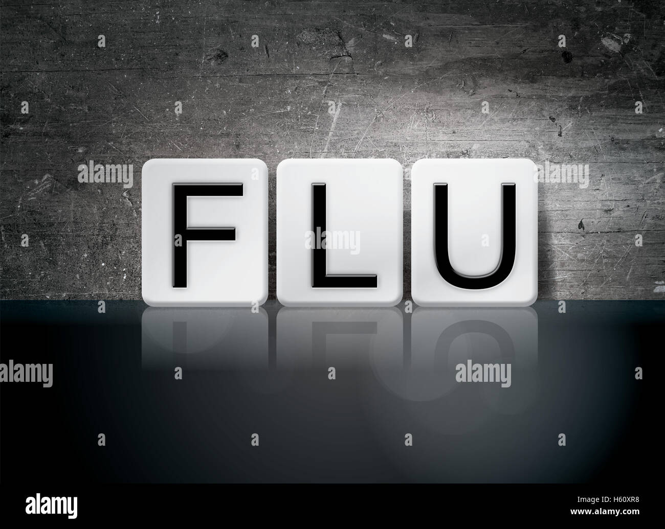 The word "Flu" written in white tiles against a dark vintage grunge ...