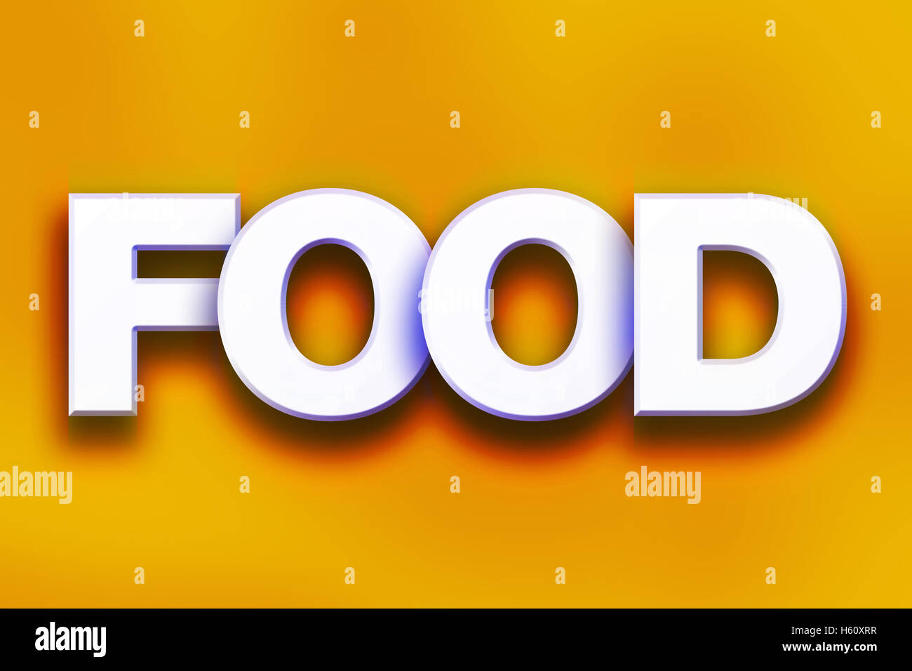 The word "Food" written in white 3D letters on a colorful background ...