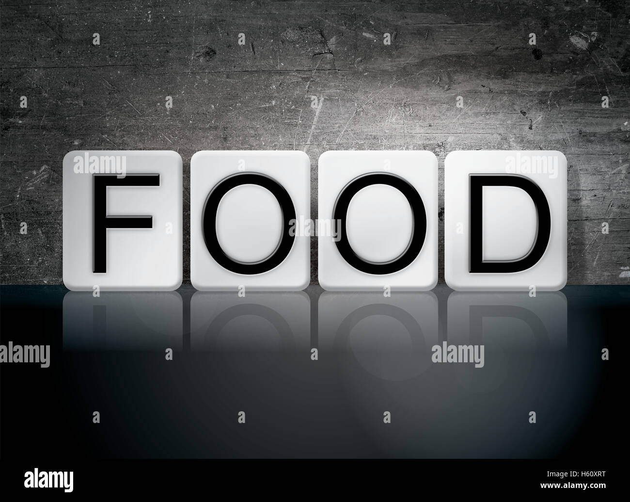 The word "Food" written in white tiles against a dark vintage grunge ...