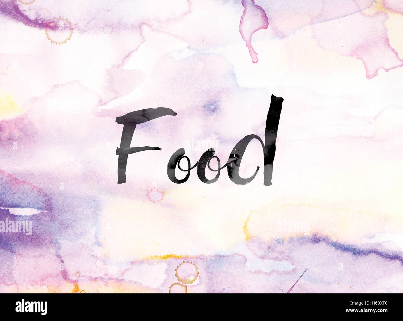 The word "Food" painted in black ink over a colorful watercolor washed ...