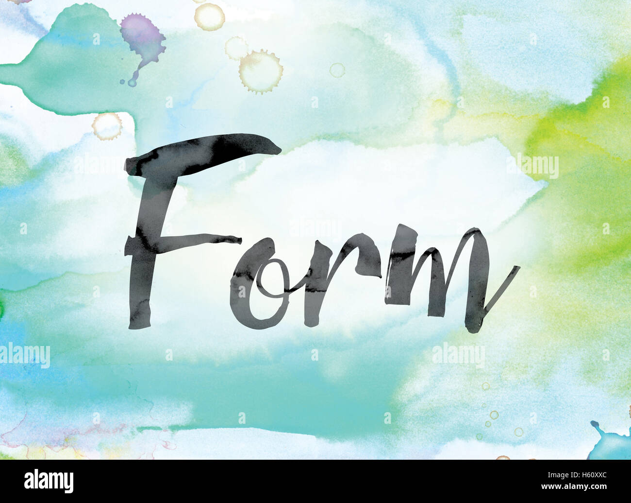 The word "Form" painted in black ink over a colorful watercolor washed ...