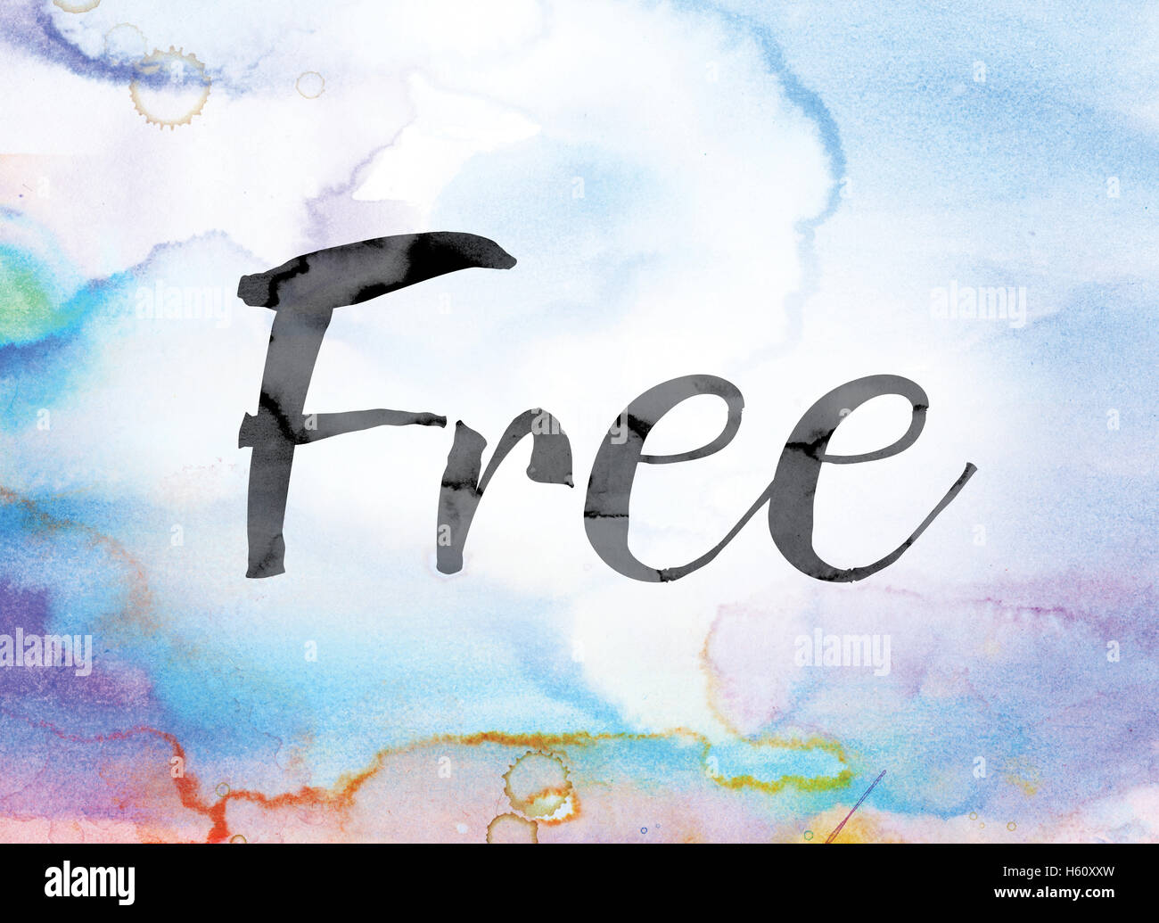 The word "Free" painted in black ink over a colorful watercolor washed ...