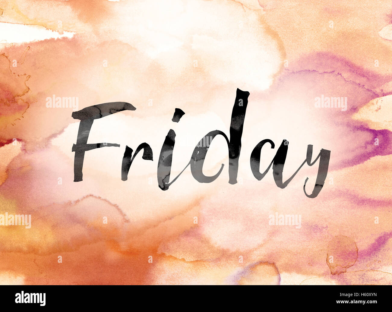 The word "Friday" painted in black ink over a colorful watercolor ...
